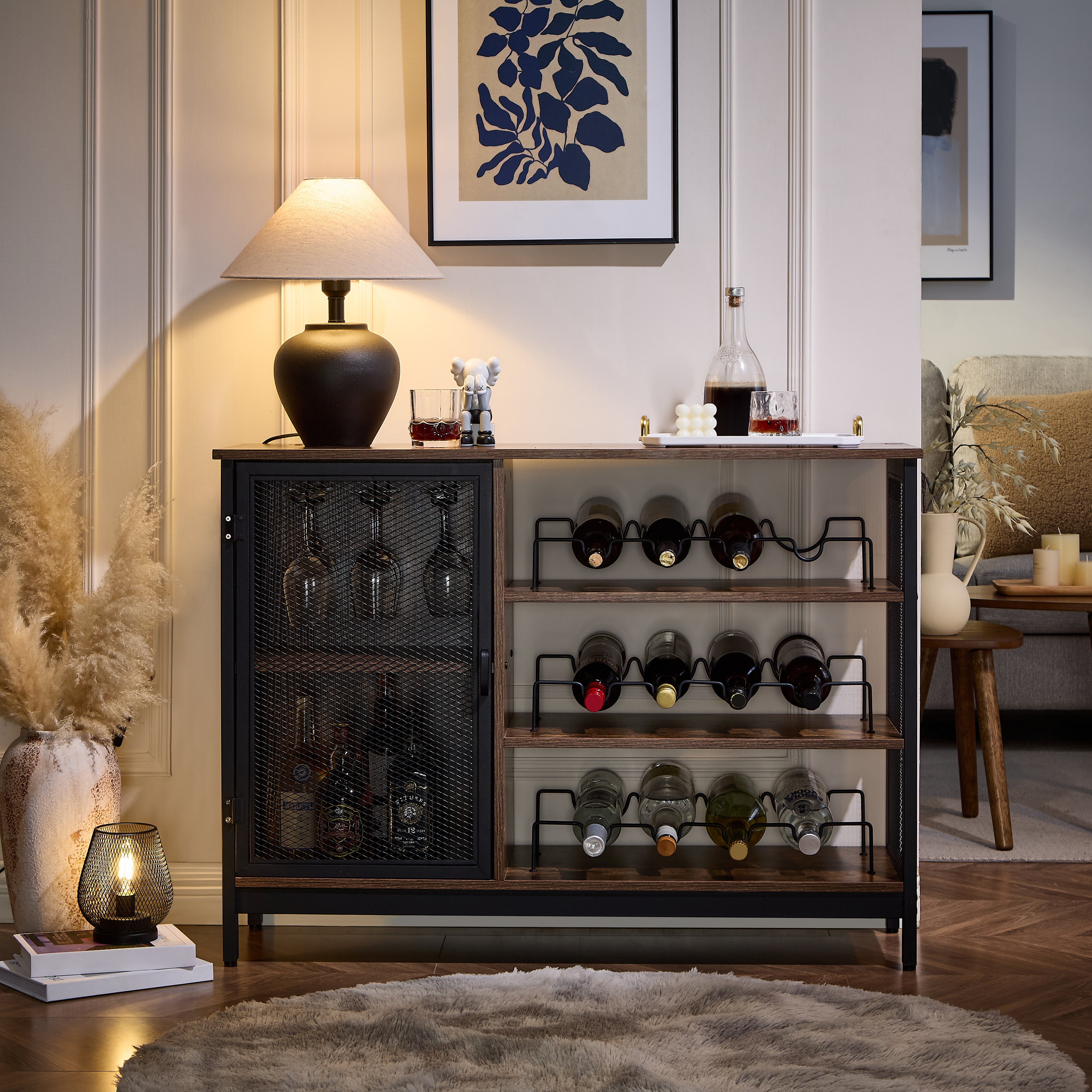 Gabinete de Bar con Portabotella, Soporte para Copas y Estantes Bufet